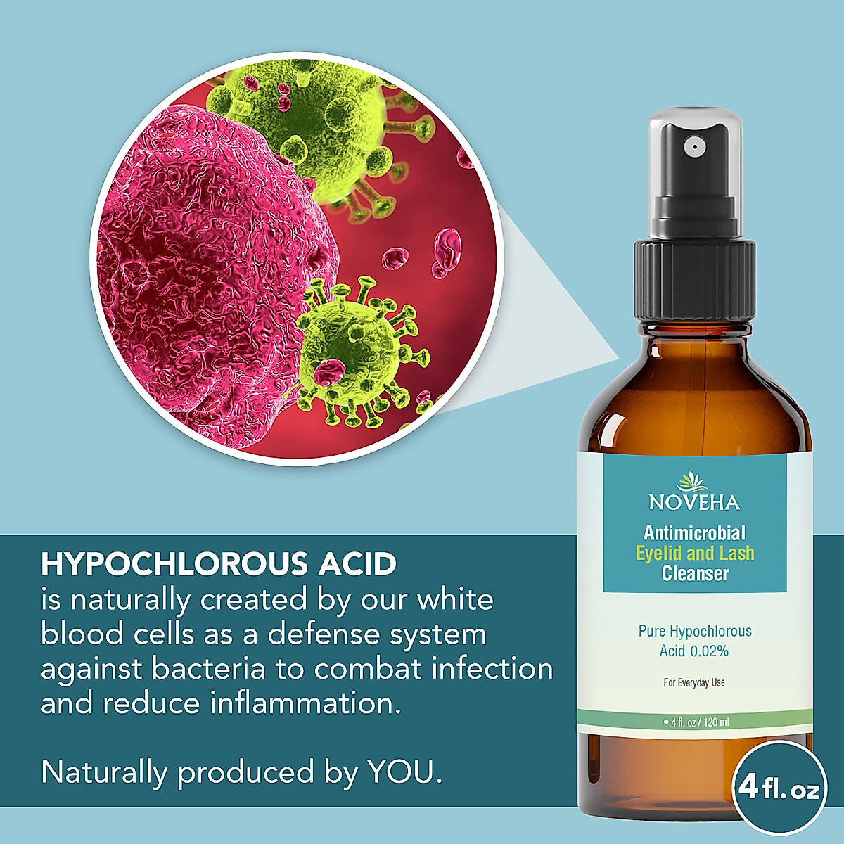 NOVEHA Eyelid and Lash Cleanser - Fast Acting Soothing Formula, Effective Relief from Irritation, Dry Eyes, Styes, Pure and Gentle Hypochlorous Acid Spray (4 Fl Oz (Pack of 1))