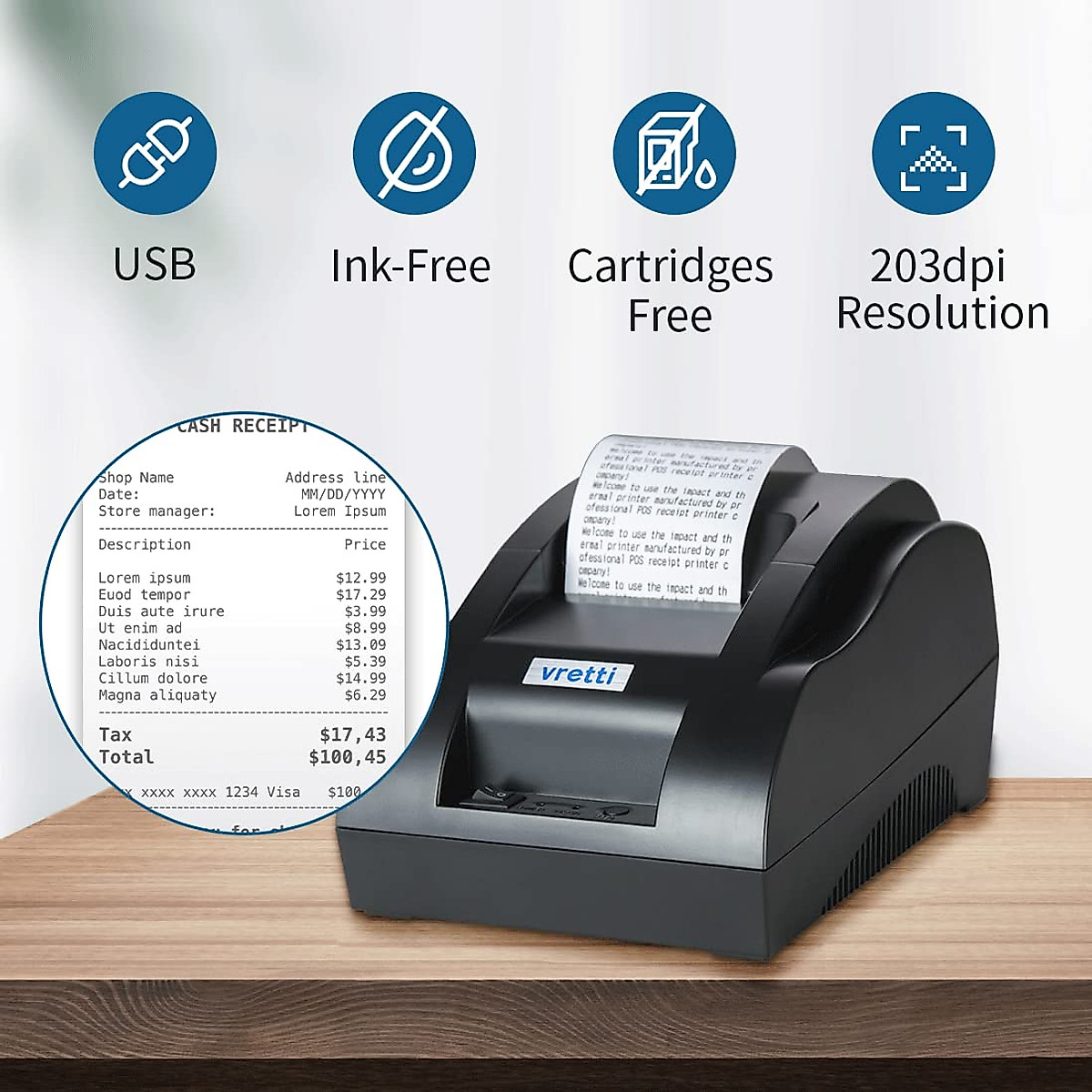vretti Thermal Receipt Printer, 58mm Small USB Thermal Printer with High-Speed Printing Support to ESC/POS/Window and Mac System, Portable Restaurant Kitchen Printer for Cash Register