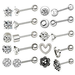 10 Pairs 16g Ear Cartilage Helix Surgical Stainless Steel Cubic Zirconia Stud Cartilage Earrings Huggie Screw Backs Ear Tragus Auricle Cute Love Heart Flower Barbell Piercing Set 4mm (Silver)