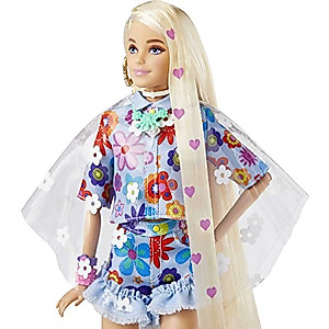 Barbie Extra Doll and Accessories with Extra-Long Blonde Hair Wearing Floral Outfit & Poncho with Pet Bunny 12 inch