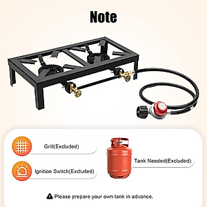 Portable Double Burner Outdoor Gas Stove Cast Iron Propane Cooker with Adjustable 0-10Psi Regulator Hose for Patio Camping, BBQ, Home Brewing,Tailgating, Hiking, Maple Syrup Prep