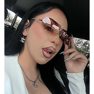 Rectangle Y2k Sunglasses for Women,Trendy Rimless Gradient Pink Sunglasses Retro Square Vintage Shades