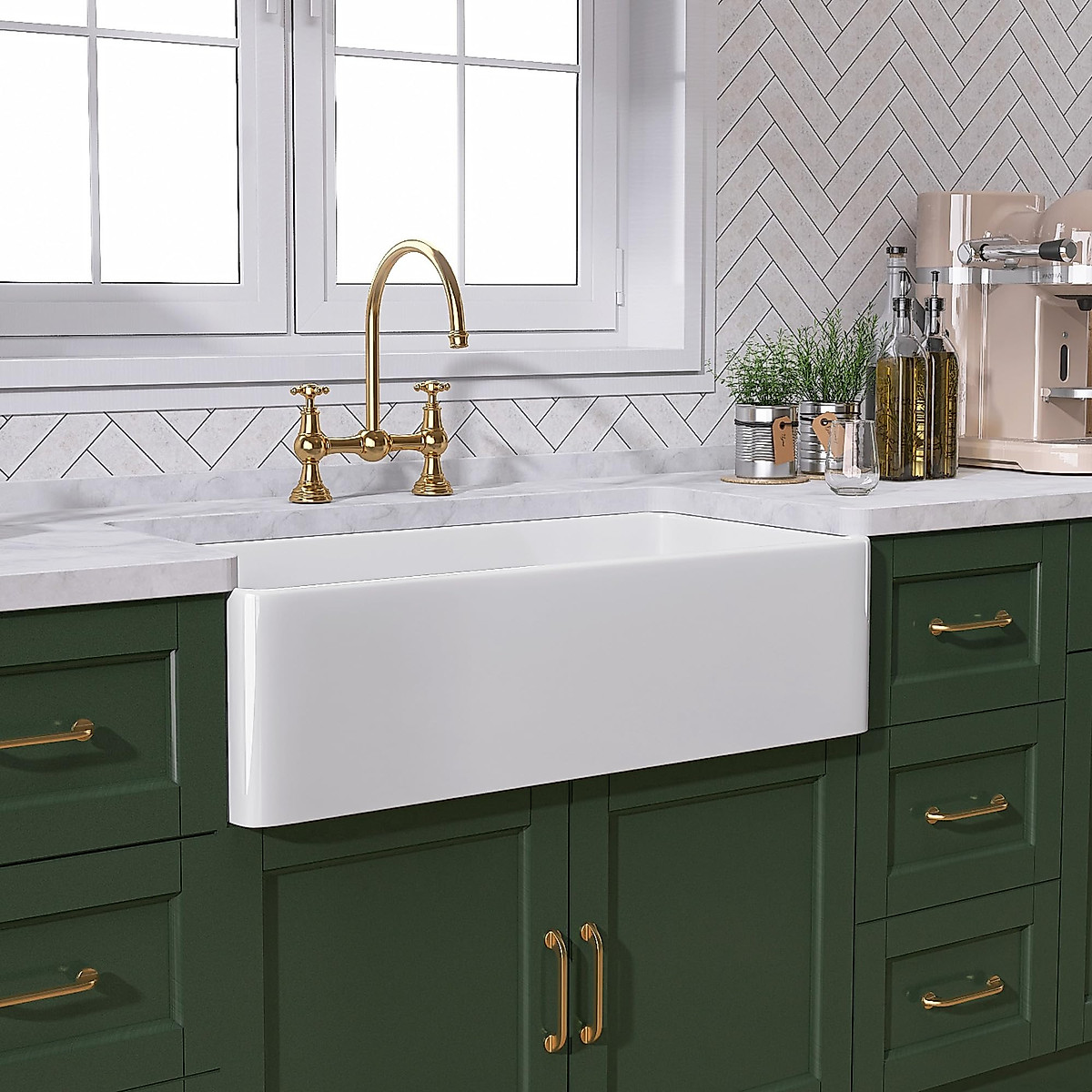 TUKTUK White Farmhouse Sink 33 inch Fireclay Apron Front Single Bowl Kitchen Sink Deep Drop In Farm Sink Undermount with Custom Bottom Grid & Strainer Drain