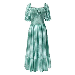 New Pleated Wrap Lace Up Short Sleeve Square Collar Long Plaid Dress Green