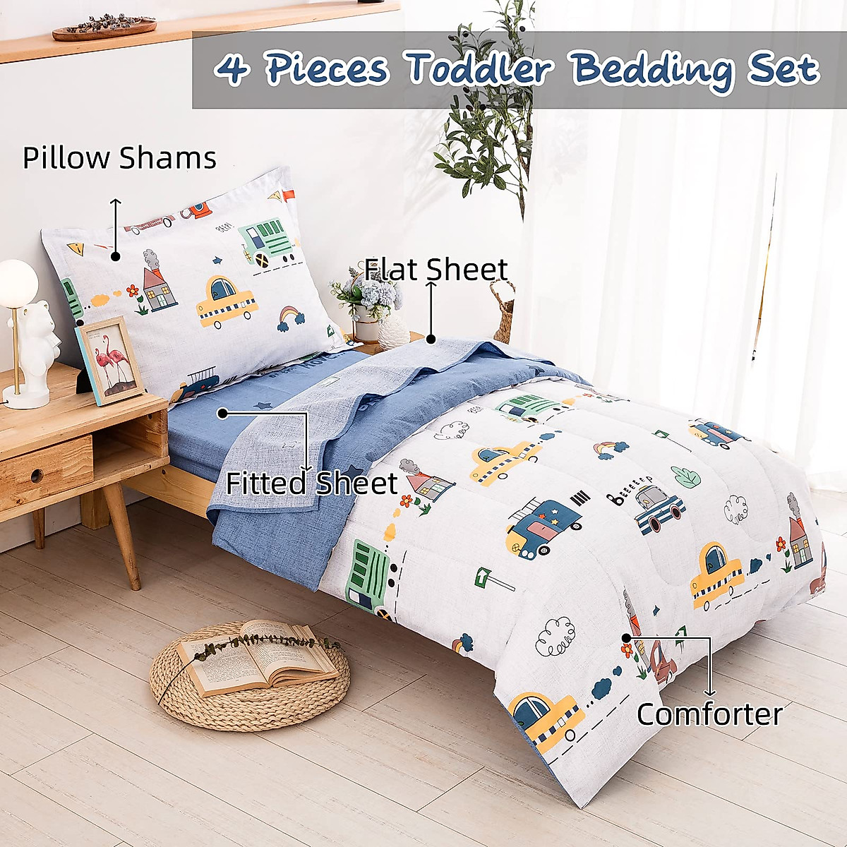 WONGS BEDDING Cars Toddler Bedding Set, 4 Pieces Cotton Toddler Comforter Set for Boys Girls, Cars Bus Reversible Navy Blue Comforter(1 Comforter,1 Flat Sheet,1 Fitted Sheet,1 Pillow Case)