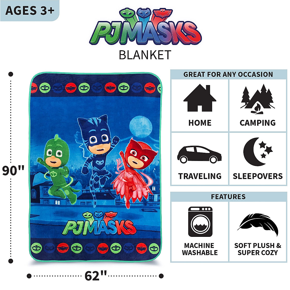 Franco Kids Bedding Super Soft Plush Microfiber Blanket, Twin/Full Size 62" x 90", PJ Masks,A46518