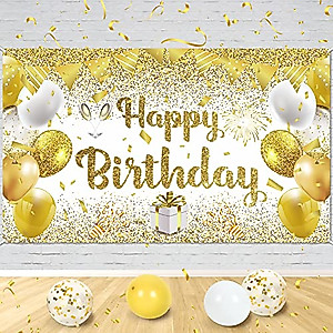 Gold White Birthday Party Decorations Banner, Gold and White Happy Birthday Backdrop Banner, Large Gold White Birthday Banner Photography Background Party Decoration for Women Men Girls 70.8x43.3Inch