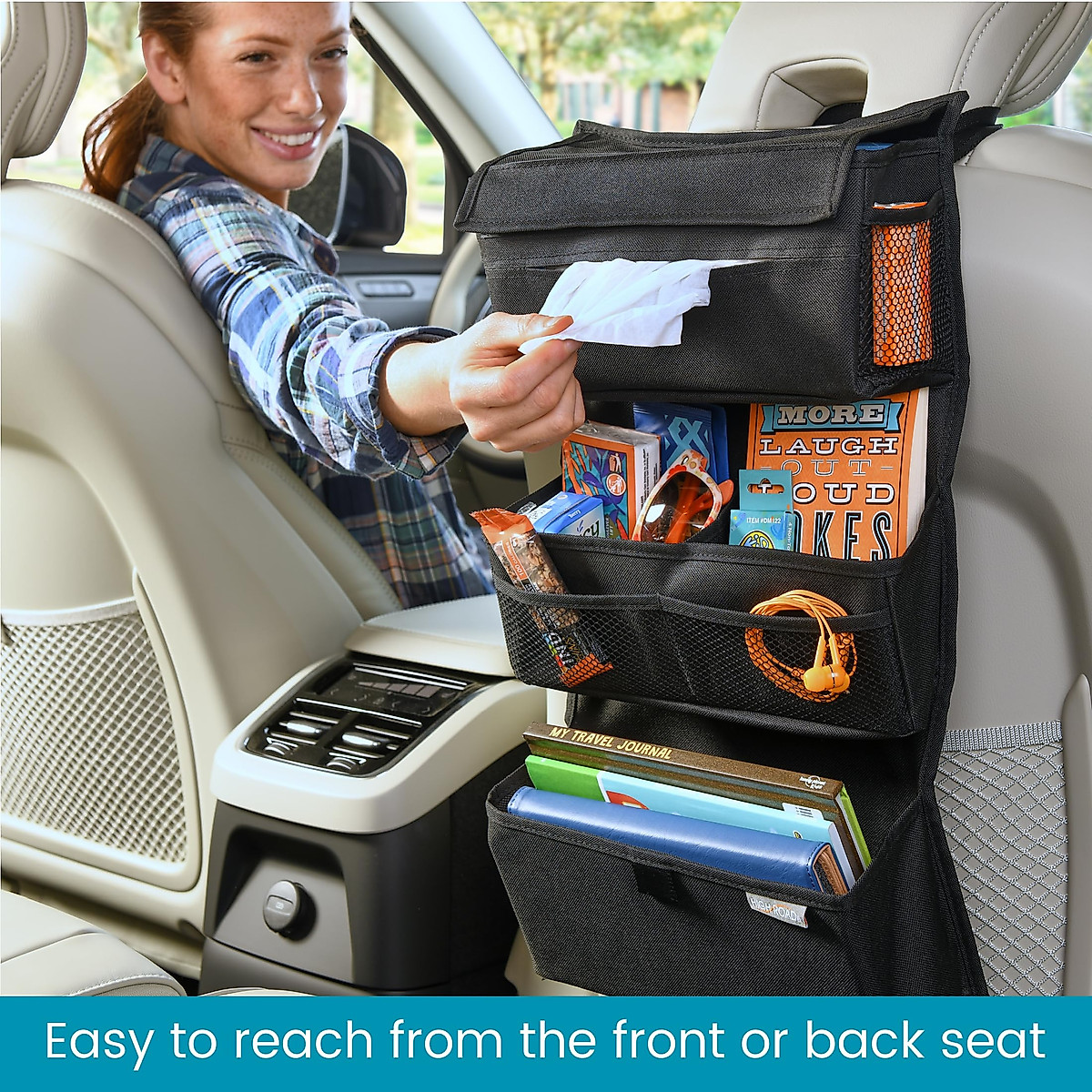 High Road Back of Seat Car Organizer with Tissue Box Holder and Multipurpose Car Storage Pockets for Car, SUV or Truck