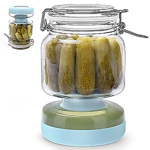 Trtyldt Glass Pickle Jar with Strainer Flip,Hourglass Pickle Juice Separator Jar for Olives,Gherkins or Sliced Pickles, 40.5oz Pickle Container Refrigerator Dishwasher Safe (light blue)