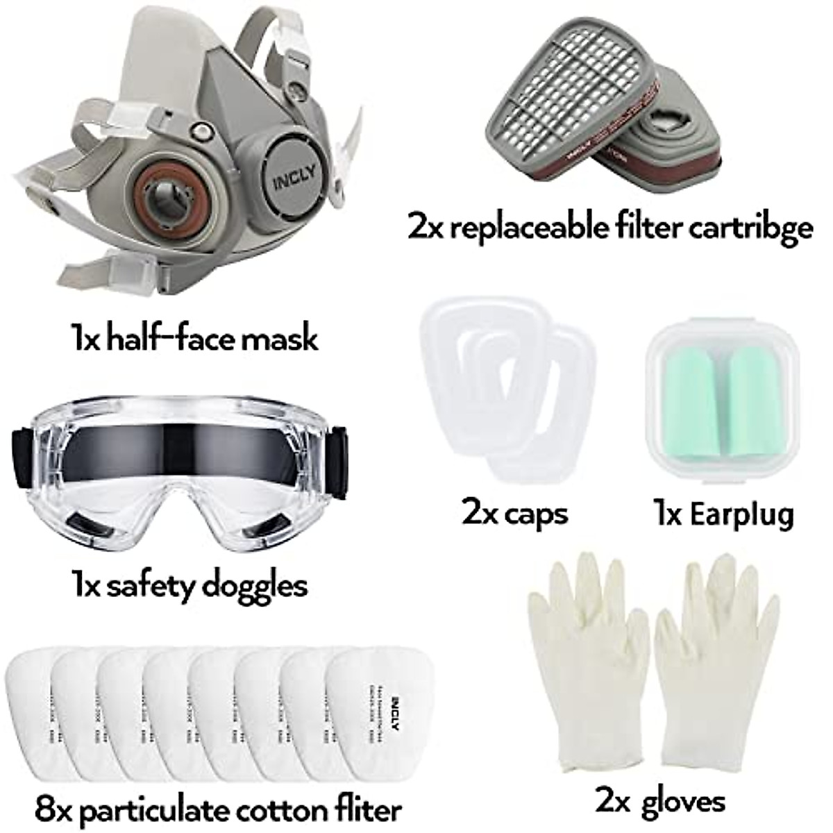 INCLY Respirator Half Face Cover For Chemicals & Paint with Goggles and Asbestos, Safe Breathing For Against Dust, Organic Vapors, Gas, Smoke, Fire, Painting, Sanding