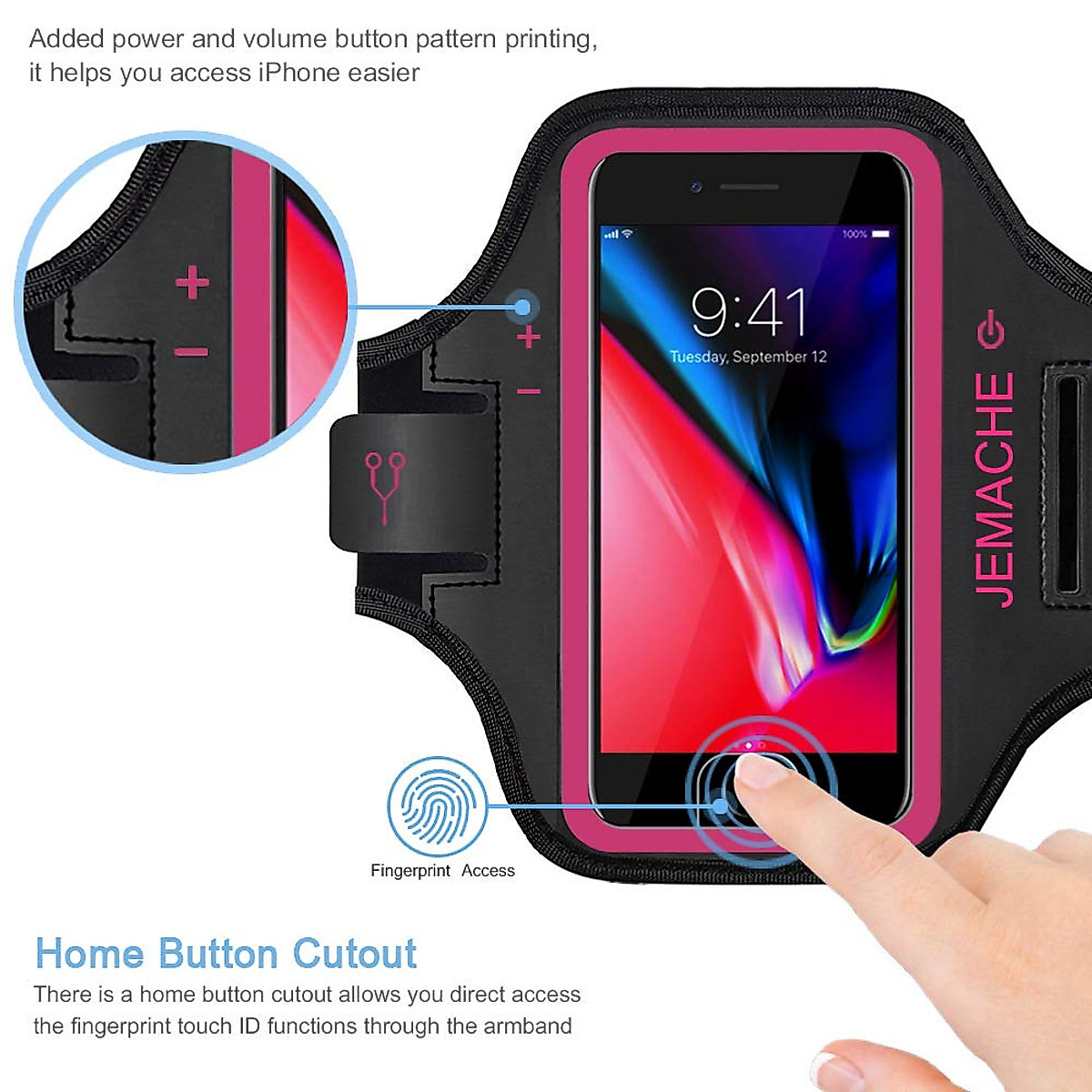iPhone 8 Plus, 7 Plus Armband, JEMACHE Gym Running Workout Exercise Pouch Phone Holder Arm Band Case for iPhone 6/6S/8/7 Plus Support Touch ID Access (Rosy)