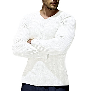 CTU Men's Fashion Athletic T-Shirts Long Sleeve Shirts Workout V Neck Solid Color Tee Shirt Top White