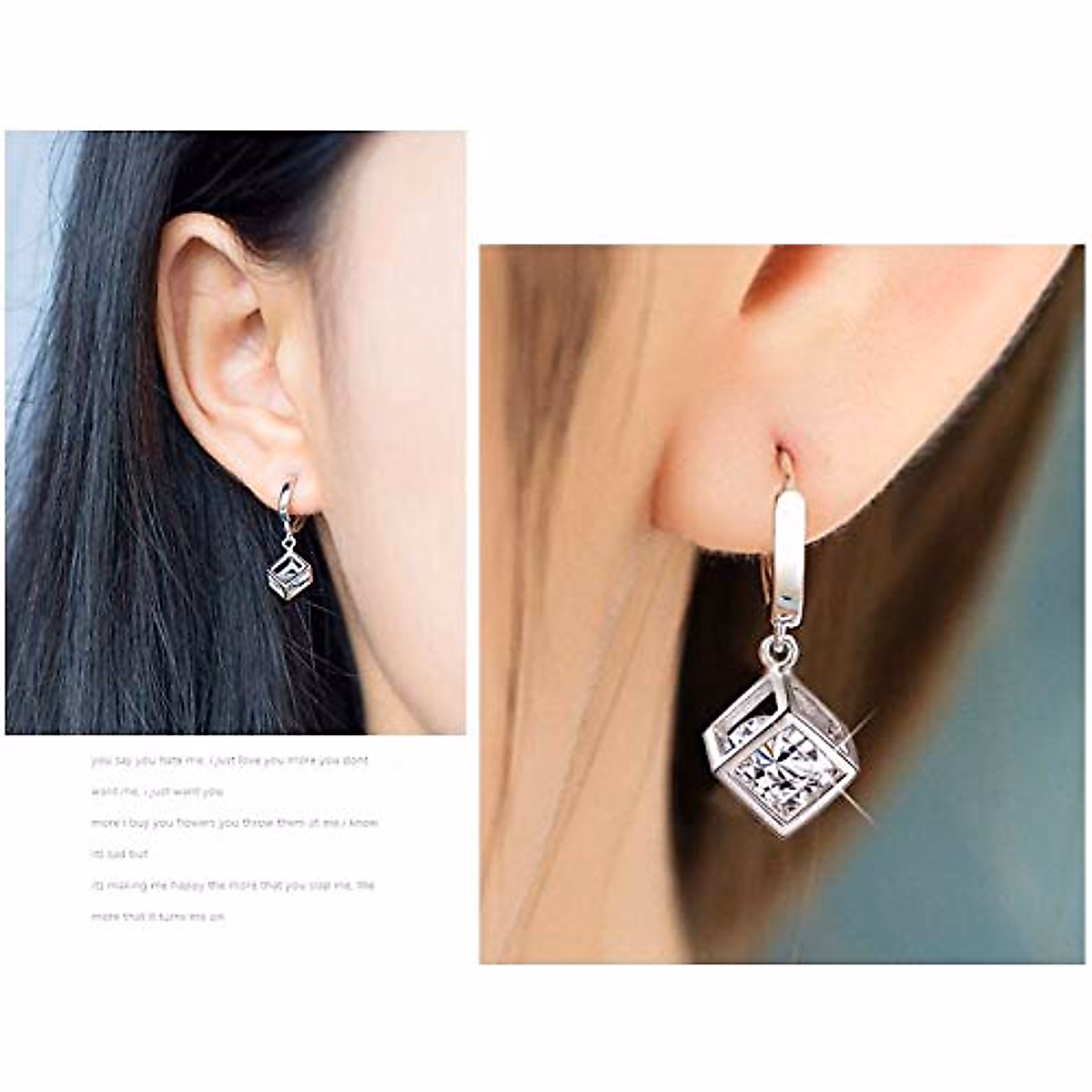 Crystalline Azuria White Zirconia Crystals Cube Set Pendant Necklace 18 inches Dangle Earrings 18K White Gold Plated