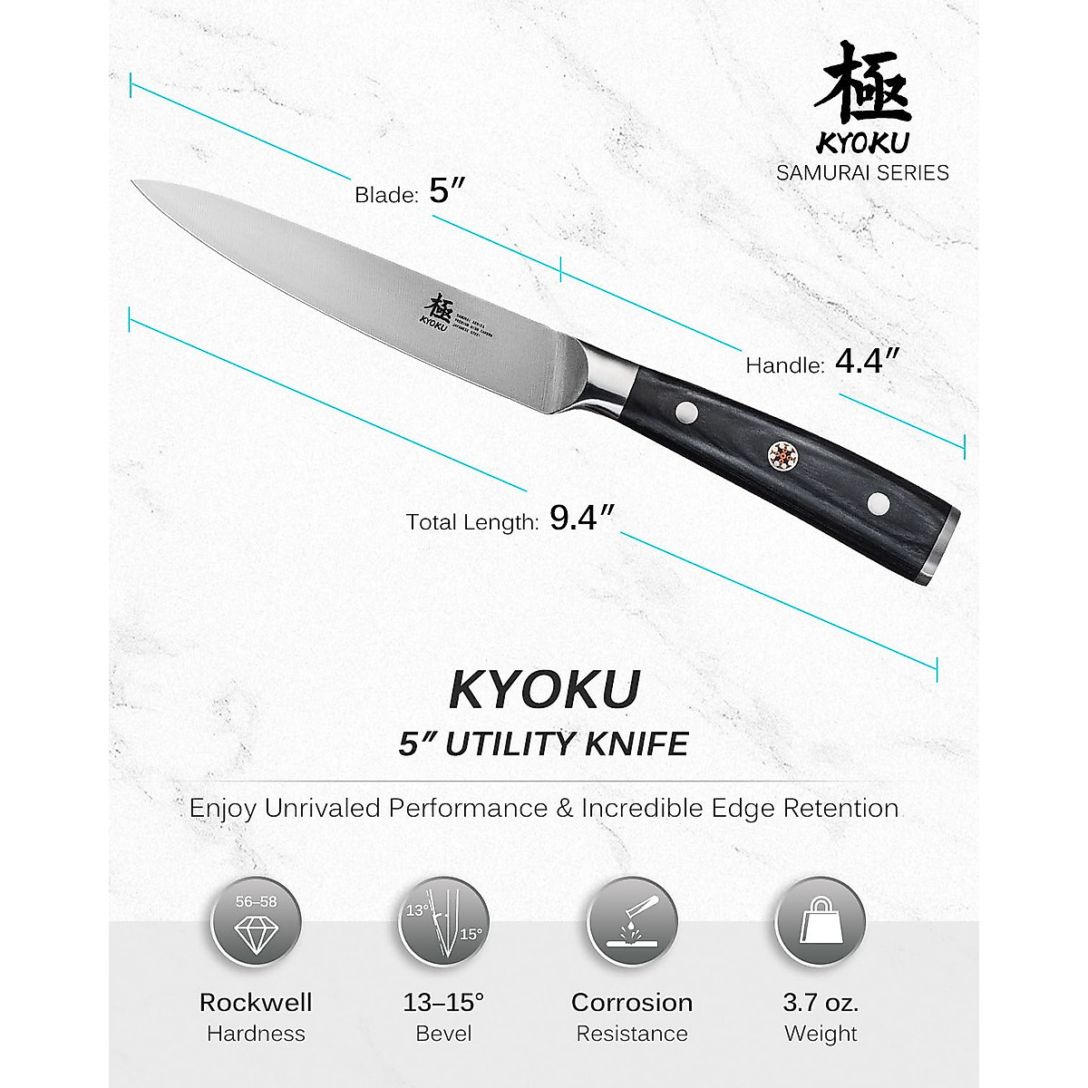 KYOKU 5" Kitchen Utility Knife, Samurai Series Chef Knife with Pakkawood Handle & Mosaic Pin, Japanese High Carbon Steel Knife, Full Tang Kitchen Knife for Vegetable Fruit Herb with Sheath and Case