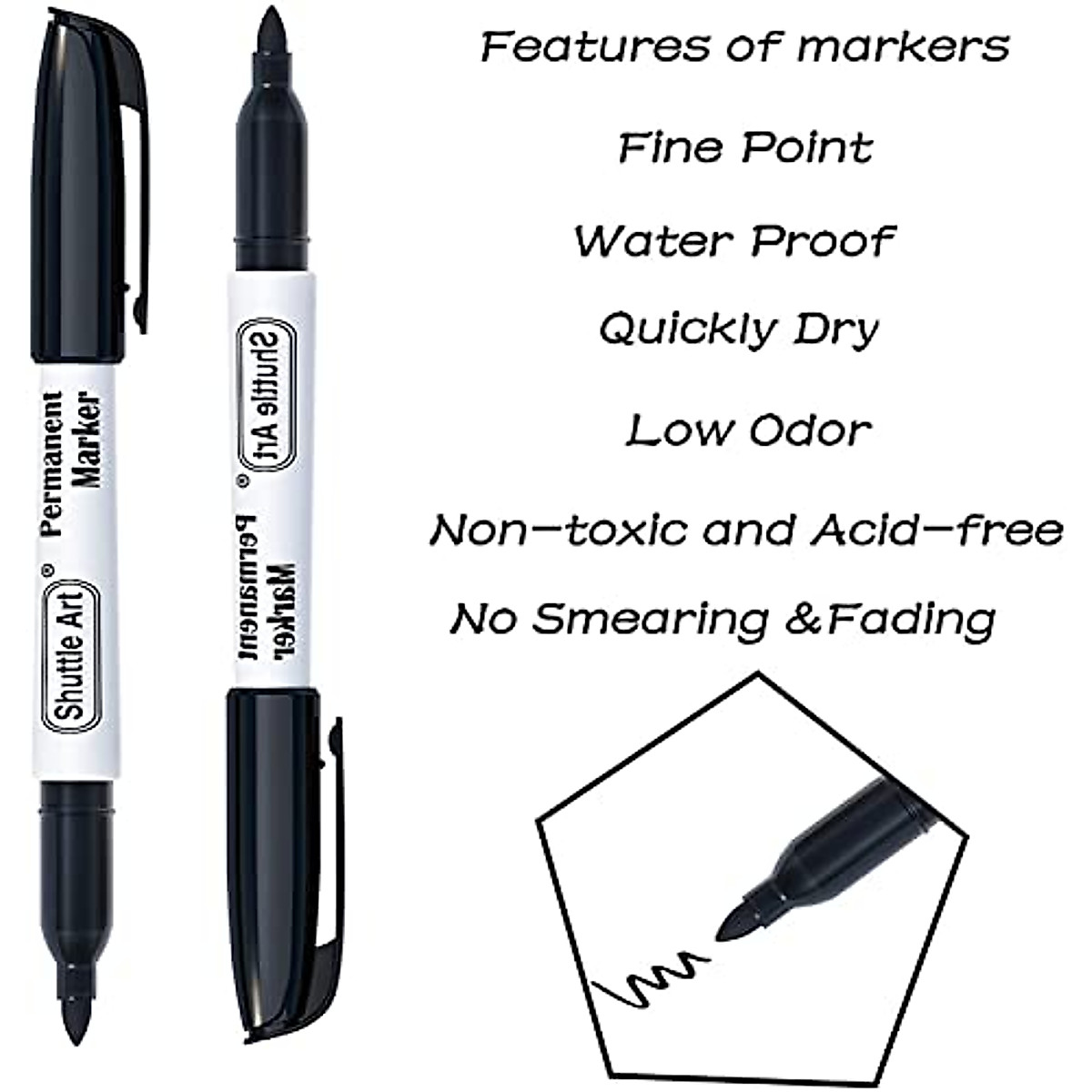 Permanent Markers,Shuttle Art 24 Pack Black Permanent Marker set,Fine Point, Works on Plastic,Wood,Stone,Metal and Glass for Doodling, Marking