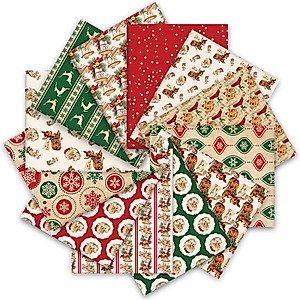 JarThenaAMCS 12Pcs Christmas Cotton Fabric Bundles 18 x 22 Inch Vintage Santa Elk Snowflake Fat Quarters Red Green Holiday Sewing Fabrics for Xmas Winter DIY Craft Party Decor