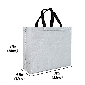 CHENGBAI TOTE Silver Reusable Gift Bags 12 Pcs, Holiday glitter bag Bulk with Base, Flashing Non Woven Gift Bags for Gift Wrapping, Birthdays, Weddings, Party, Christmas