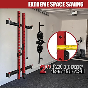 Mikolo 2" x 2" Folding Wall Mounted Squat Rack, 1000 Pounds Capacity Power Rack with Pull Up Bar, J Hooks, Landmine and Other Attachments, Space-Saving Home Gym(Red