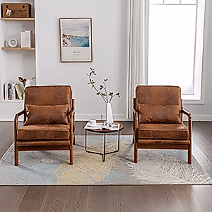 Mid Century Modern Accent Chair Set of 2 Living Room- Comfy Solid Wood Arm Chair with Lumber Pillow Lounge Decorative Brown Leather Office Side Chair Bedroom Reading Nook Sillas De Sala Microfiber
