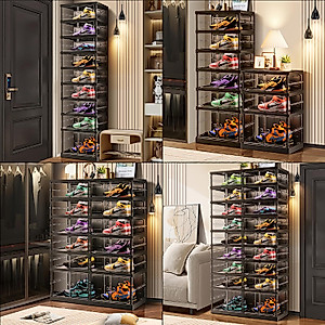 CIMLORD 9-Tier Foldable Shoe Rack for Closet Entryway 18-36Pairs,Stackable Clear Shoe Storage Boxes Organizer with Door Plastic Shoe Cabinet Bins with Lids Shoes Shelf Easy Assembly Large Black