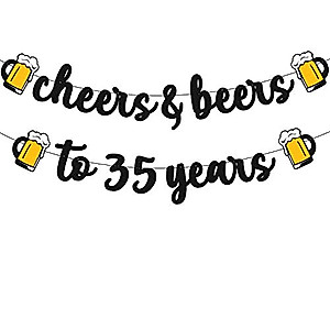 35 Birthday Banner Cheers to 35 Years Decorations for Men Women Him Her Happy 35 Birthday Anniversary Party Supplies Black Glitter PRESTRUNG