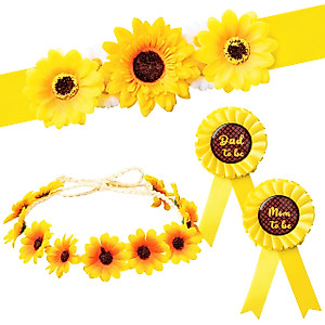R HORSE Sunflower Maternity Sash Mom to Be & Daddy to Be Corsage Wreath Headdress Decoration Spring Summer Baby Shower Kit Party Favors Baby Boy Pregnancy Photo Prop Gift