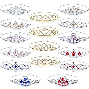 Haull 16 Pieces Girls Colorful Crystal Rhinestone Tiara Headband Princess Crown for Birthday Parties, Hair Styling, School Activities, Festival Celebrations