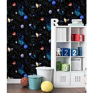 Arthouse Kids Cosmos Space Planets Charcoal Gray Wallpaper - Twinkling Stars on a Midnight Background with Green Accents - Amazing 3D Effect - Ideal for Teenager Bedroom - 668100