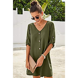 AlvaQ Womens Dress 2024 Summer V Neck Button Down Fall Short Sleeve A Line Swing Skater Tunic Dresses Beach Sundress Green Large