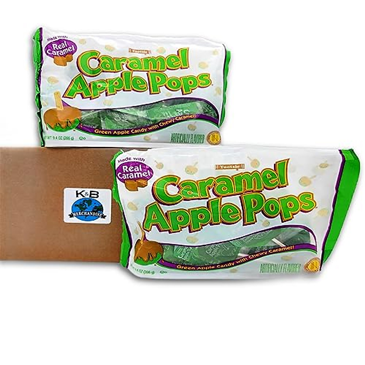 Tootsie Caramel Apple Pops - Green Apple Lollipop Candy (Two Packs 18.8 ounces in total) Individually Wrapped Hard Candy- Gluten-Free & Peanut-Free Each order is bundled with a sturdy K&B Merchandise box