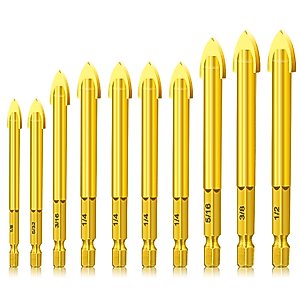 Masonry Drill Bits Set for Tile Glass Ceramic Brick Wood, 10 pcs Diameter 1/8 to 1/2 Inch Drilling Bits with 1/4 Hex Shank, Gold,