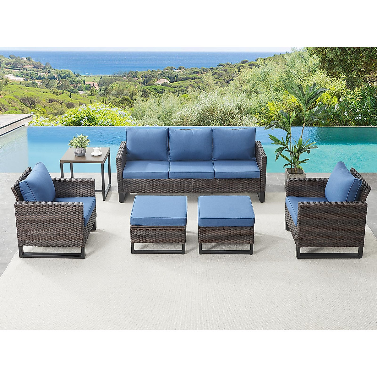 HUMMUH 6 Piece Patio Furniture Outdoor Sectional Sofa Set All-Weather Wicker Outdoor Chairs with End Table Ottomans for Patio,Porch,Garden,Backyard