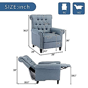 P PURLOVE Pushback Linen Tufted Recliner Single Sofa,Recliner Chair Sleeper with Nailheads,Adjustable Recliner for Living Room, Bedroom, Office, Blue