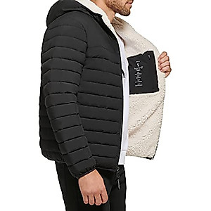 Calvin Klein Men's Hooded Down Jacket Quilted Coat Sherpa Lined, Ebony, Small