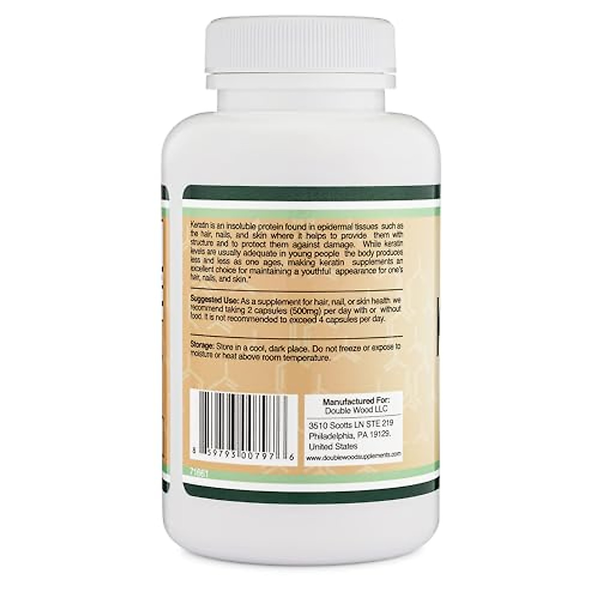 Keratin Hair Growth Vitamin (500mg per Serving, 120 Pills) Keratin Hair Treatment for Men and Women (Vital Protein for Hair, Skin, and Nails) Vitaminas para El Cabello, Vegan Safe by Double Wood