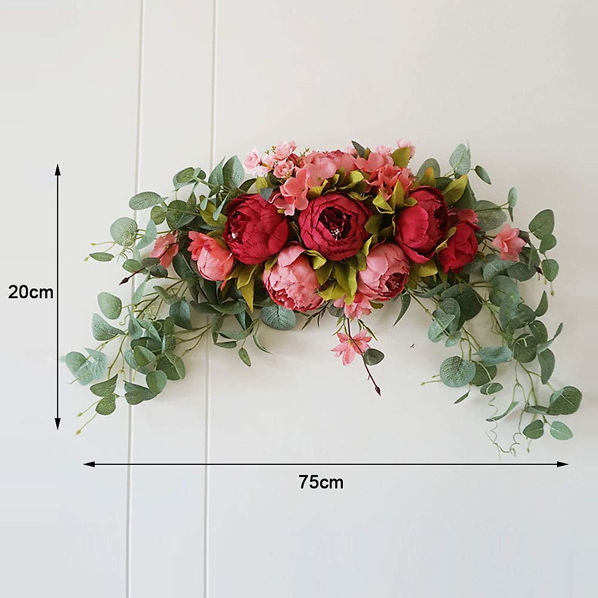 WUHNGD Artificial Flower Swag Wedding Arch Flowers 30 Inch Rose Peony Swag Arch Wreath Centerpiece for Lintel, Green Leaves Door Wreath Garden Home Wall Decoration, Pink Peonies
