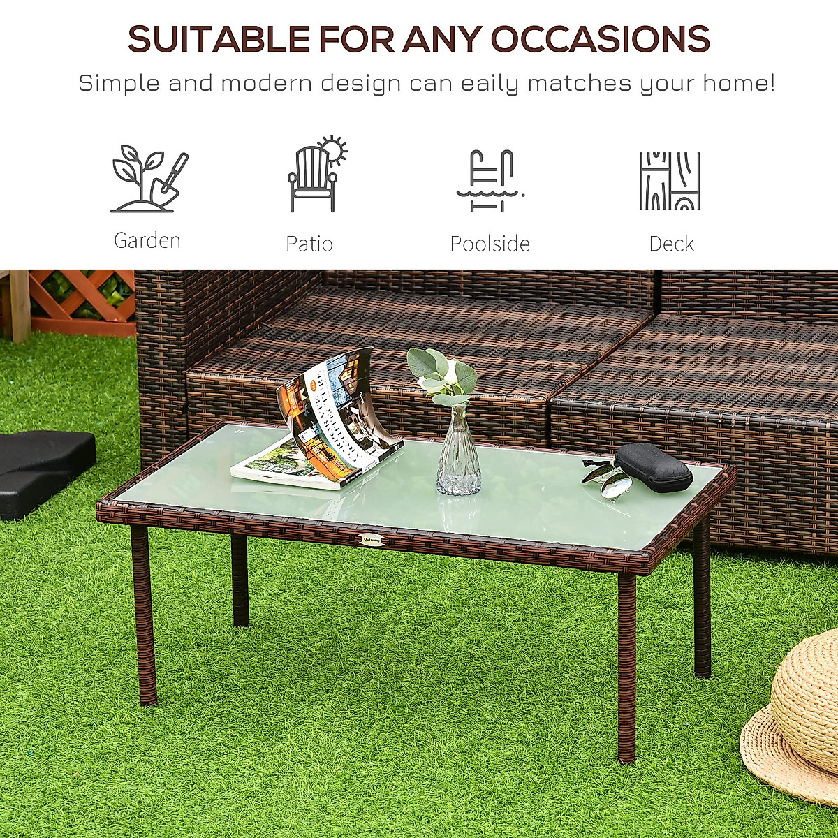 Outsunny Patio Wicker Dining Table, Outdoor Rattan Coffee Table with Glass Top for Garden, Patio, or Backyard, Deep Coffee
