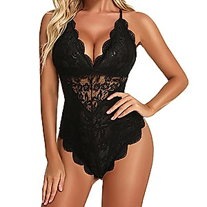 Namifin Women Snap Crotch Lingerie Sexy Lace Bodysuit Deep V Teddy One Piece Lace Babydoll Black