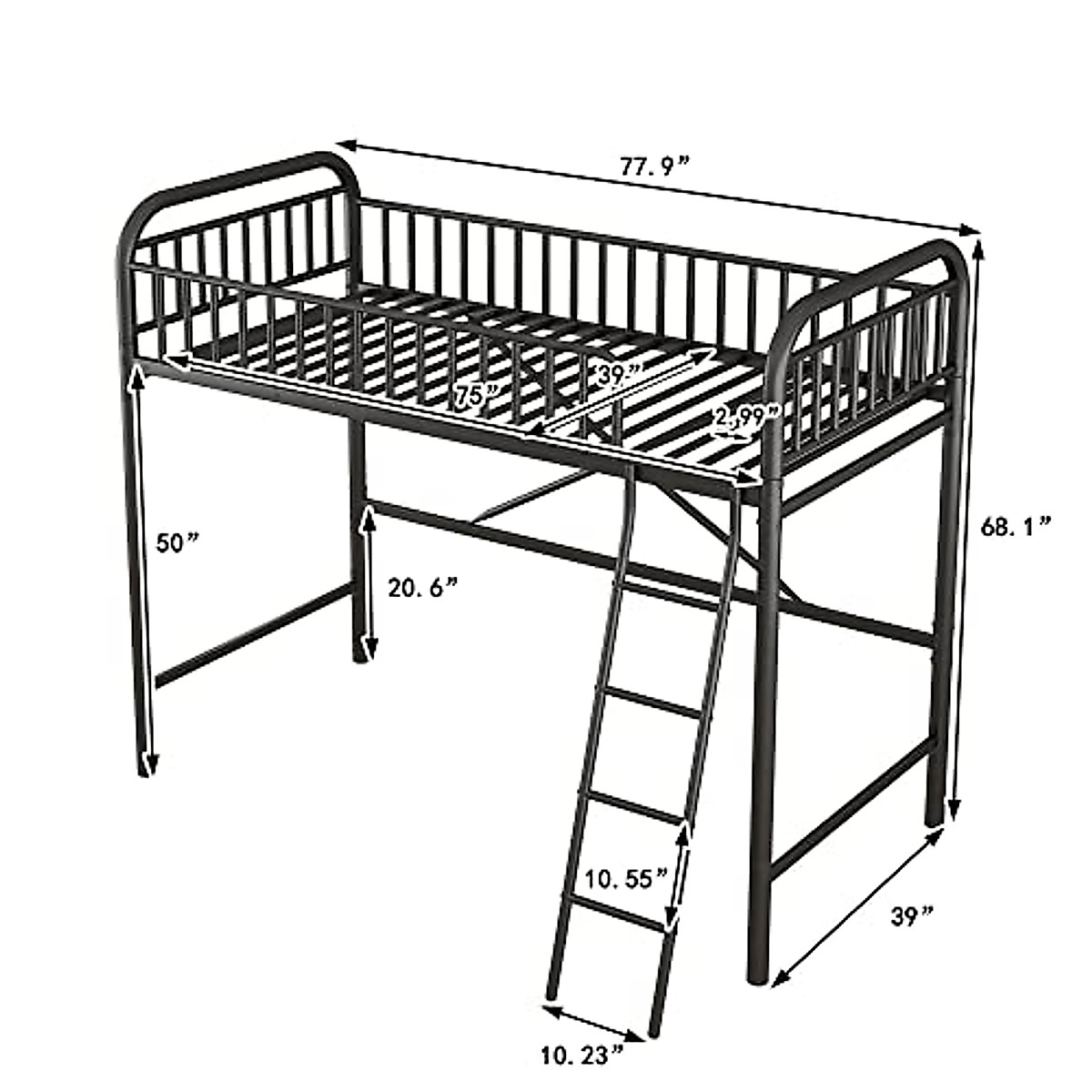 GINGVAT Twin Size Metal Loft Bed with Ladders/Full-Length Guardrails, Modern Style Study/Play Area, No Box Spring Needed, Black