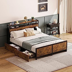 WASAGUN LED Queen Bed Frame, 2-Tier Storage Wood Headboard with USB Ports and Outlets, Platform Bed with 4 Storage Drawers, Strong Metal Slats Support Frames, Noise-Free, Easy Assembly, Vintage Brown