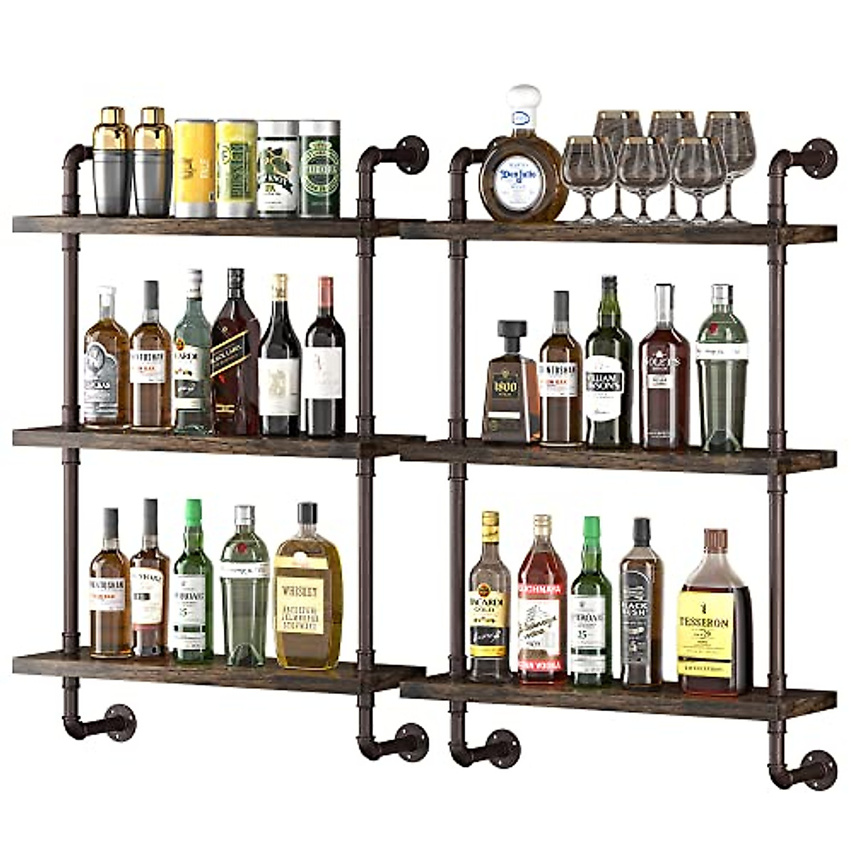 PUSDON Industrial Pipe Shelving Wall Mounted 24 Inch 3 Tier,Bathroom Bronze Metal Floating Shelves, Wood Hanging Storage Bookshelf (W24inch - 2 Sets) - Drak Coffee