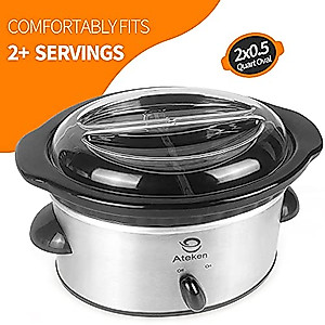 Ateken Supper Mini Slow Cooker 2x0.5 Quart Oval Double-Flavor Black Ceramic Pot Stainless Steel Silver Suit for Dipping Sauce