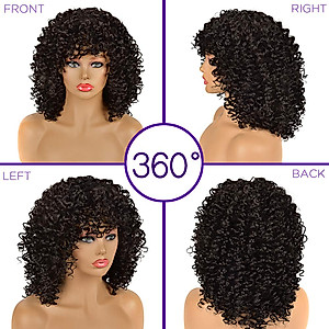 YEAME Curly Wigs for Black Women - Afro Curly Wig with Bangs Natural Black Hair Synthetic Heat Resistant Full Wigs with 1 Wig Comb and 4pcs Wig Caps