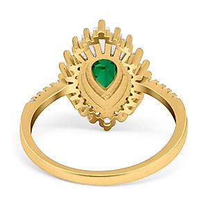 Blue Apple Co. Yellow Tone, Simulated Green Emerald CZ Size-6 Art Deco Teardrop Pear Wedding Engagement Ring Baguette Round Cubic Zirconia 925 Sterling Silver