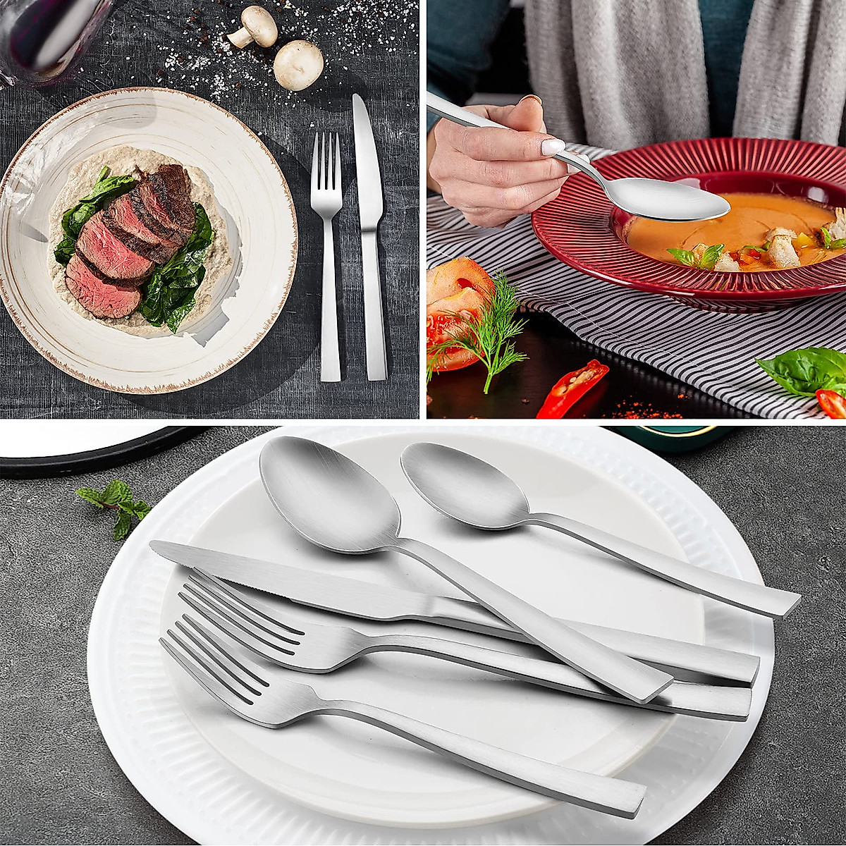 40-Piece Matte Silverware Set, E-far Stainless Steel Flatware Set Service for 8, Metal Cutlery Eating Utensils Tableware Includes Forks/Spoons/Knives, Square Edge