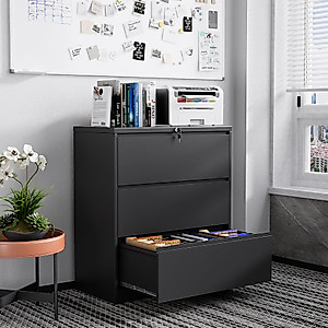 WIILAYOK Lateral File Cabinet with Lock,3 Drawer File Cabinet for Home and Office, Organizer Storage Lateral Locking Filing Cabinet, Black