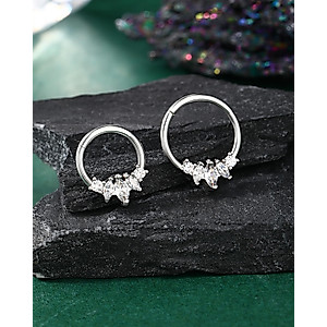 COCHARM Cute Marquise CZ Nose Septum Rings 16g Septum Clicker Silver Surgical Steel Daith Earrings 10mm Daith Hoop Septum Piercing Jewelry For Women