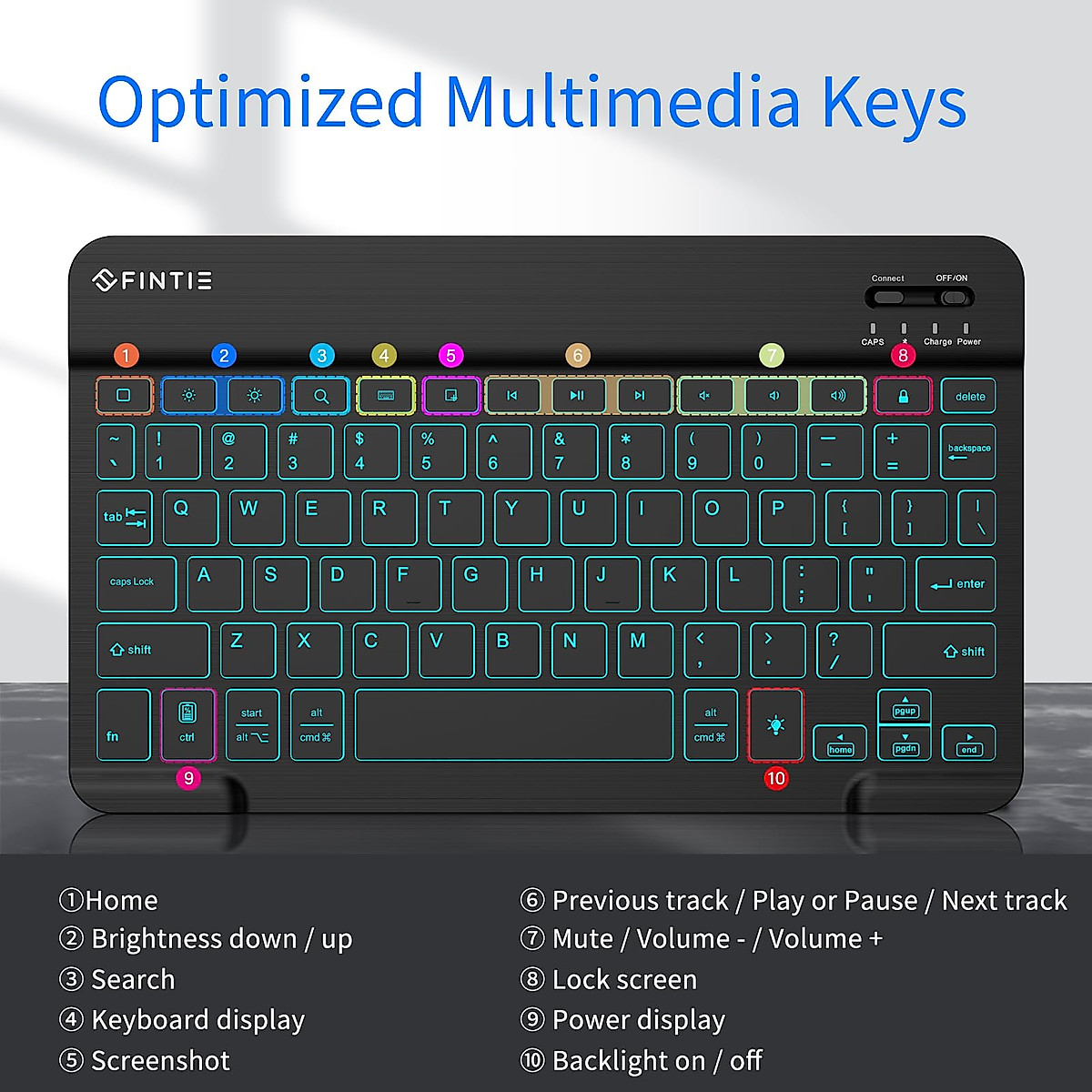 FINTIE 10-Inch Ultrathin Wireless Bluetooth Backlight Keyboard, [7 Color Backlit] Rechargeable Keyboard for iPad Samsung Tablet, iPhone Smartphone, iOS, Android Tablets Phone, Black