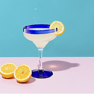 Mexican Hand Blown Glass – Set of 4 Large 16oz, Cobalt Blue Rim Line, Luxury Margarita & Cocktail Glasses, Mexico Design Large 16oz Cobalt Cinco de Mayo - The Wine Savant, Dishwasher Safe Glassware