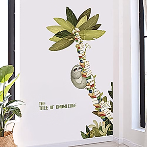 Sloth Hanging on The Books Tree Wall Decals Decor, Large Book Tree of Knowledge Vinyl Wall Stickers, Removable Coconut Tree Plants Wall Mural for Reading Room Classroom Bedroom, 31.5”x51.2”